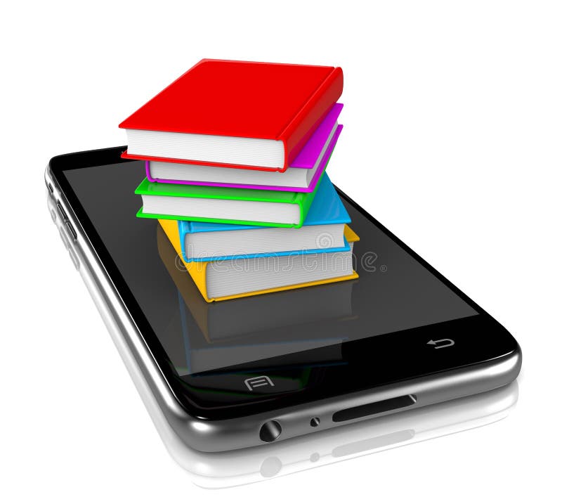 Smartphone with Pile of Books Stock Illustration - Illustration of ...