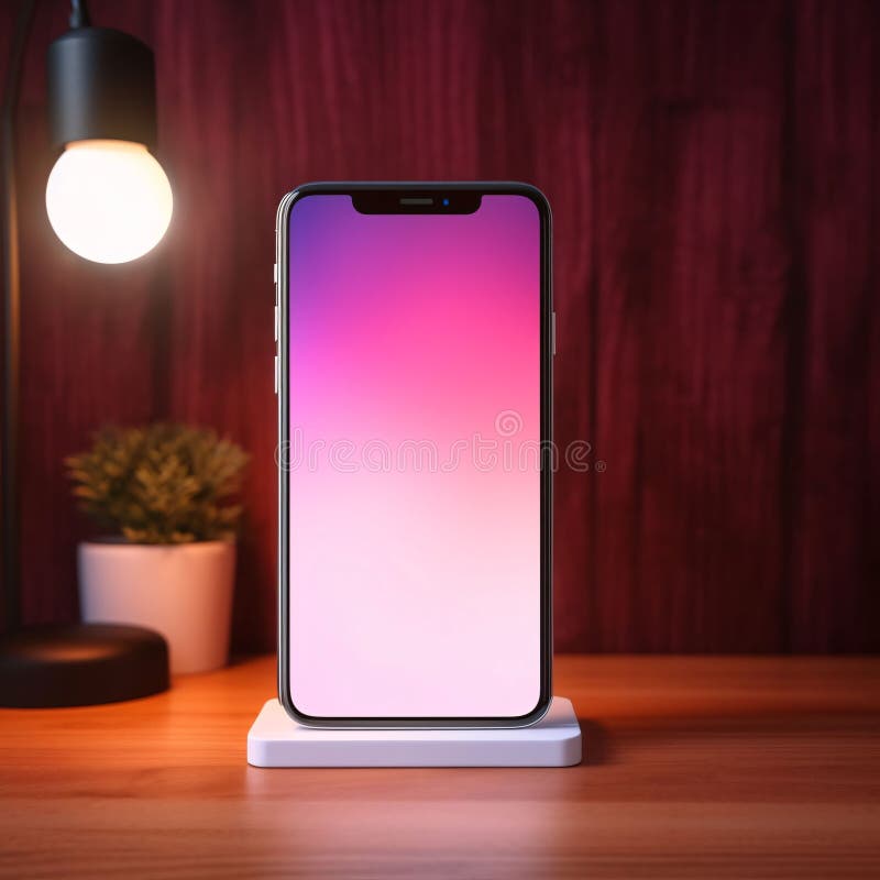 Smartphone with Pink Screen on Wooden Table. 3d Rendering Stock ...