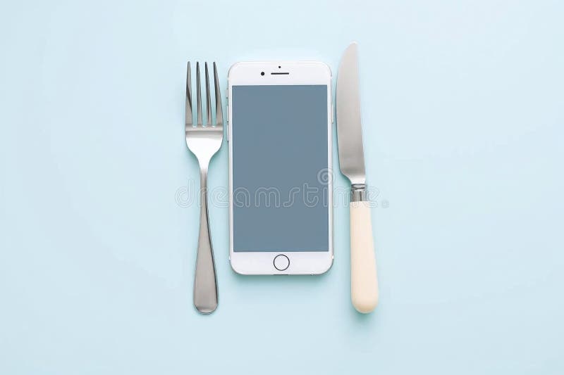 A Smartphone Placed between a Fork and Knife Symbolizes Modern Digital ...