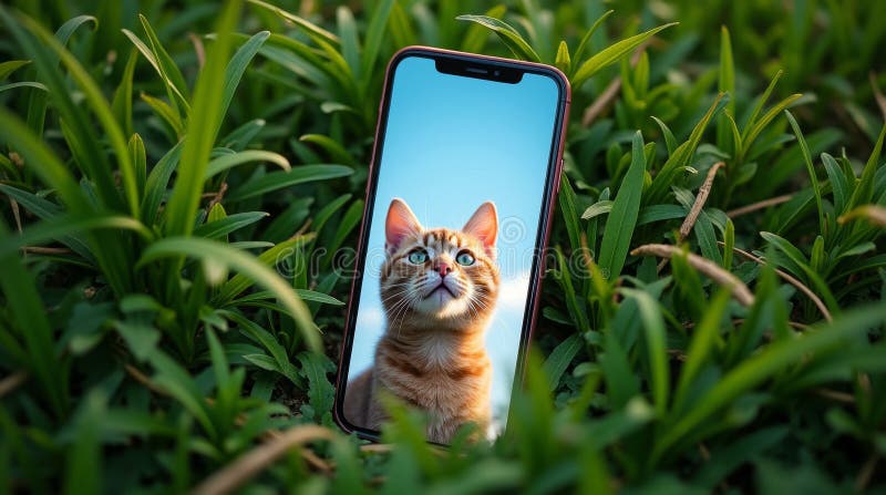 Smartphone Placed in Grass Displaying Cat on Screen, Creating Augmented ...
