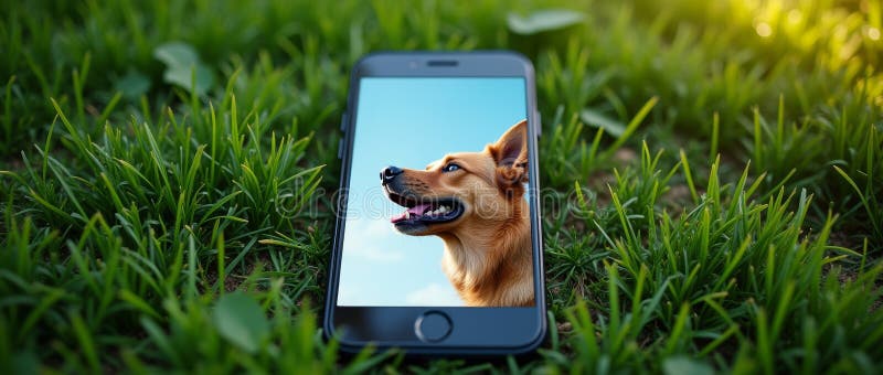 Smartphone Placed in Grass Displaying Dog on Screen, Creating Augmented ...