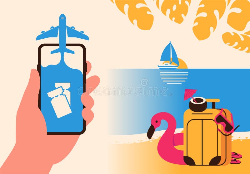 Plane Fly from Screen Phone and Beach with Travel Stuff. Concept Online ...