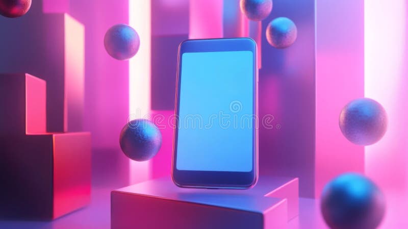 Smartphone on a Platform with Holographic Spheres in a Neon-Lit Room ...