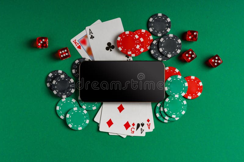Smartphone with Playing Cards and Chips on a Green Felt Tabletop Stock ...