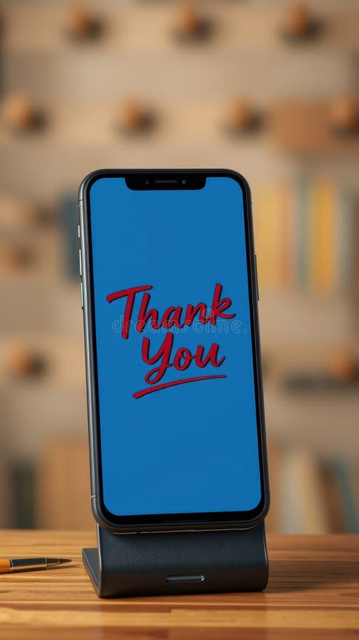 Thank You Message Displayed on Smartphone in a Cozy Workspace Setting ...