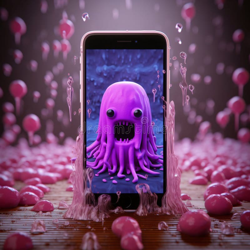 A Smartphone with a Purple Octopus Floating on the Screen. 3D Rendering ...