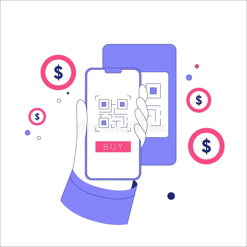 Smartphone with QR Code and Payment Button in Flat Vector Illustration Symbolizing Digital ...