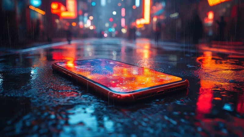Smartphone in the Rain Reflecting City Lights with Water Drops Stock ...