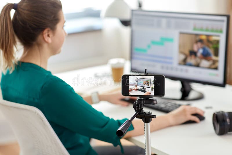 Smartphone Recording Woman Working in Video Editor Stock Photo - Image ...