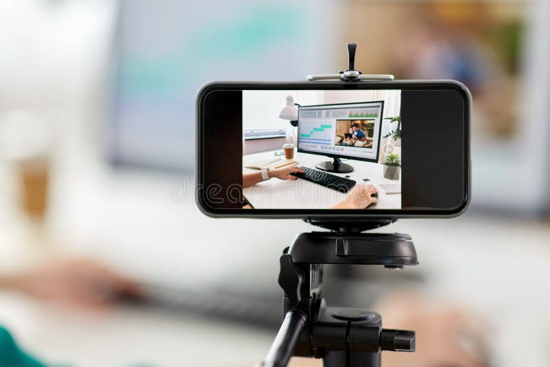 Smartphone Recording Woman Working in Video Editor Stock Image - Image ...