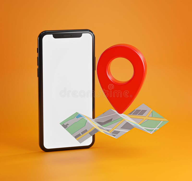 Smartphone and Red GPS Pin on Map. Mockup Template Screen Orange ...