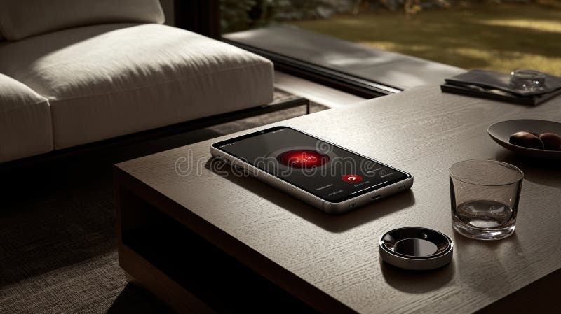 A Smartphone with a Red Notification Light on a Coffee Table in an ...