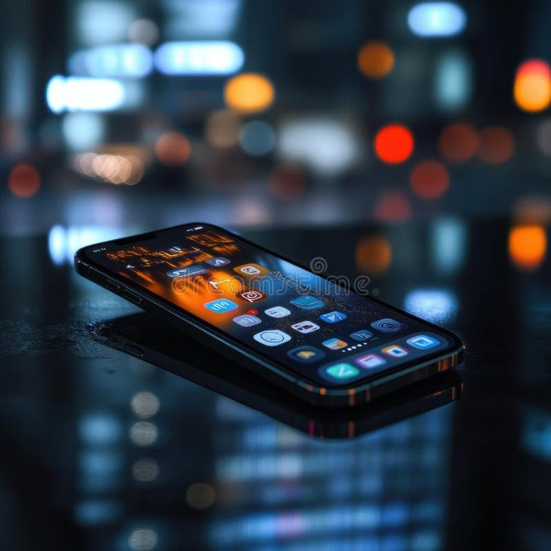 Smartphone on a Reflective Surface with Bokeh Lights Stock Illustration ...