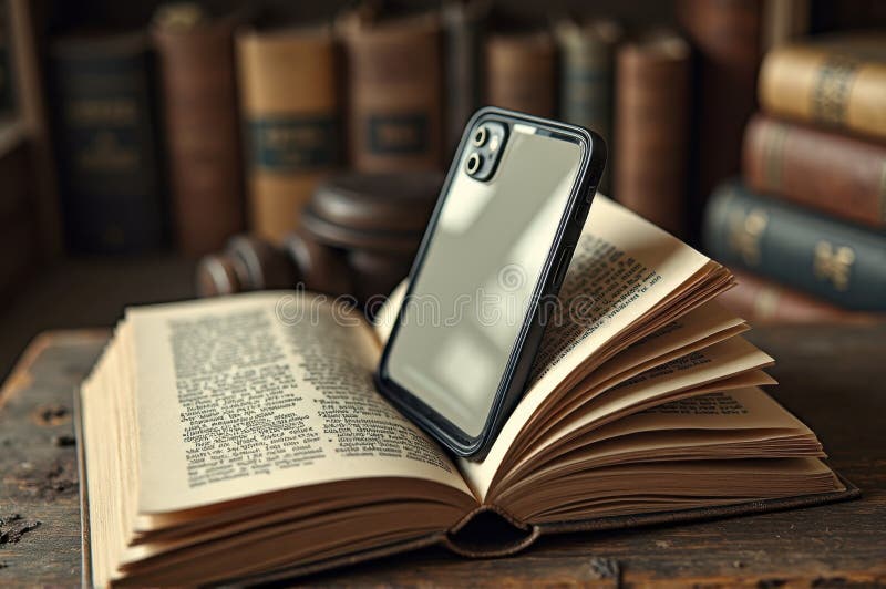 Smartphone Resting on Open Book in Antique Library Setting Stock Image ...