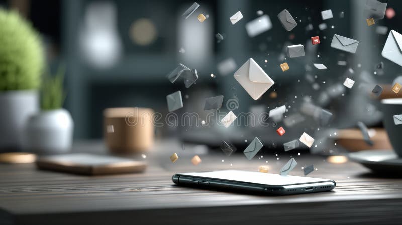 Smartphone on Wooden Table with Floating Notifications in Modern ...