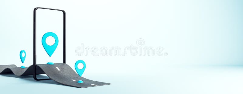 Smartphone Navigation Concept with 3D Location Pins on a Road. 3D ...