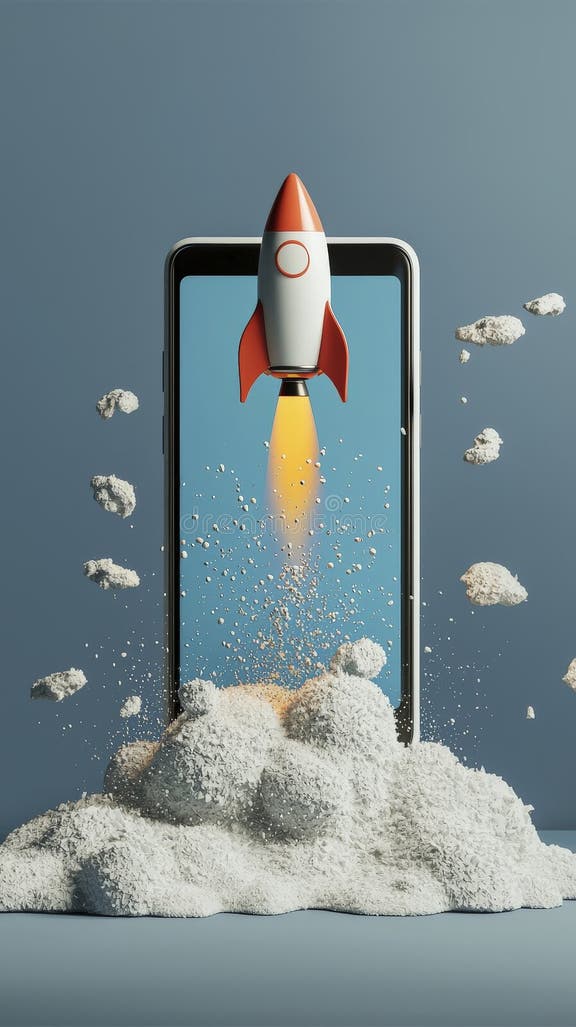 Smartphone with Rocket Taking Off in Cloudy Scene Stock Illustration ...