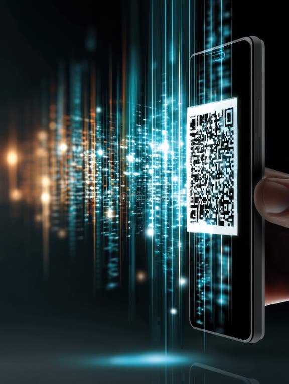 Smartphone Scanning QR Code Amidst Futuristic Digital Visuals in a Modern Setting Stock Image ...