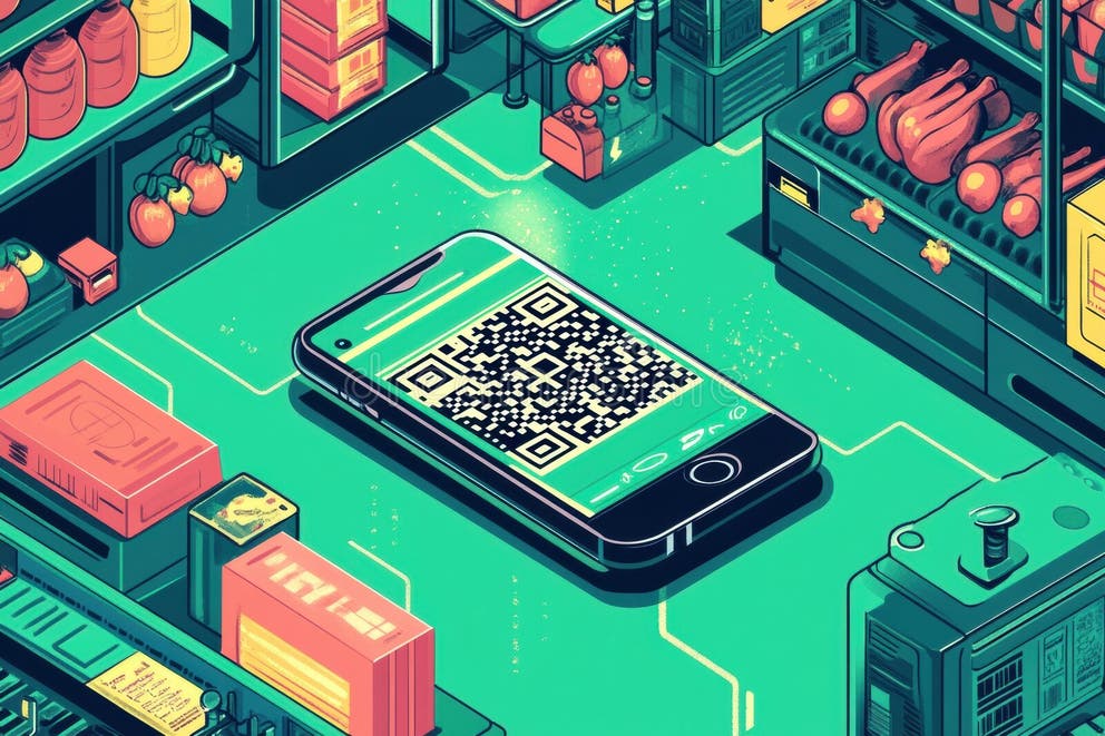 Smartphone Scanning QR Code for Order Pickup in a Futuristic Grocery ...