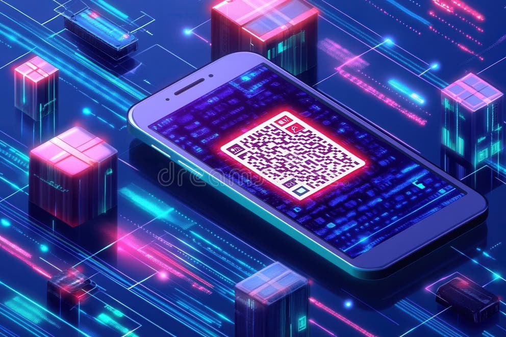 Smartphone Scans QR Code for a Grocery Order Pickup with a Futuristic ...