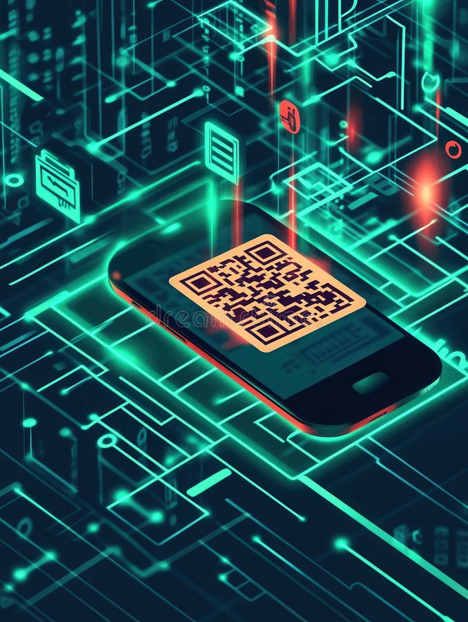 Smartphone Scans QR Code for Order Pickup in Futuristic Interface with Vibrant Neon Details ...