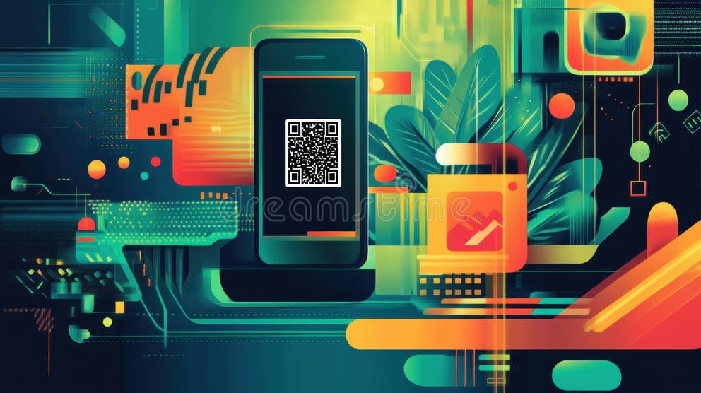 Smartphone Scans QR Code for Order Pickup in a Sleek Futuristic Setting with Vibrant Interface ...