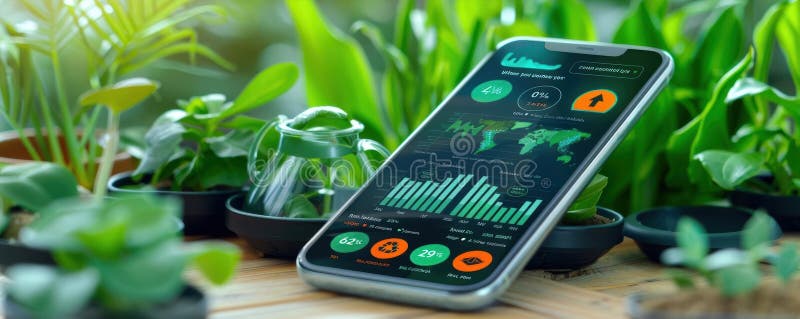 Smartphone Screen Displaying Data Visuals in a Lush, Green Plant ...