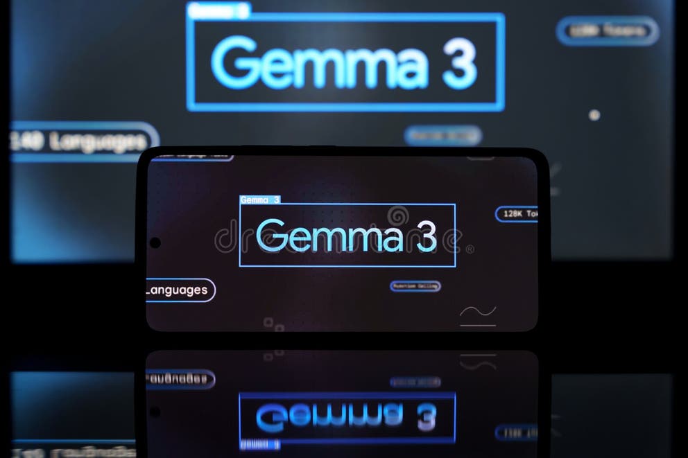 Smartphone Screen Displaying Google Gemma 3 AI Model, with a Larger Screen in the Background ...