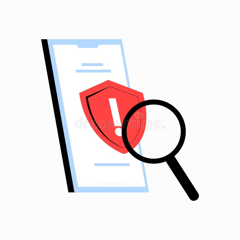Mobile Security Alert with Magnifying Glass in Flat Vector Illustration ...