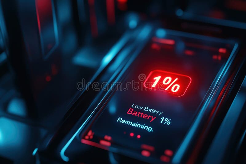 A Smartphone Screen Displays a Low Battery Warning in a Dimly Lit Room ...