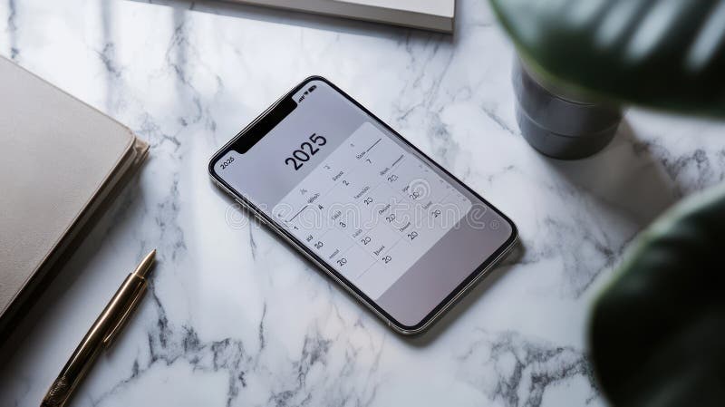 Smartphone Screen on Marble Office Table with Calendar and 2025 To-do ...