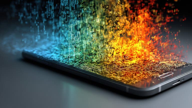 Smartphone Screen Melting into Vibrant Code Represents Digital ...