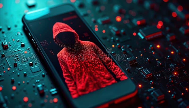 Smartphone Screen Shows Hacking Attempt. Red Graphic Hoodie Figure ...