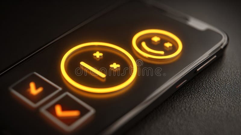 Digital Interface Displaying Emoticons with Bright Orange Glow on Smartphone Screen in a Dark ...