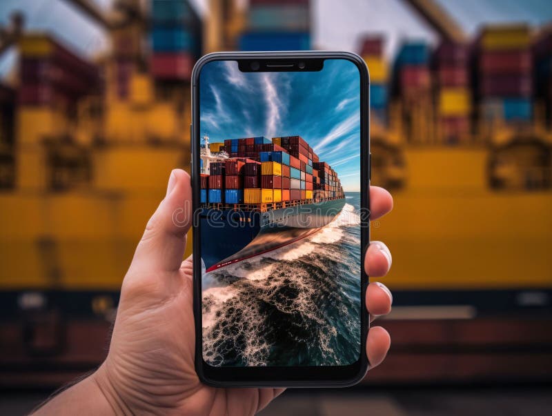 Smartphone in Hand with Container Cargo Ship Background. Logistics and ...