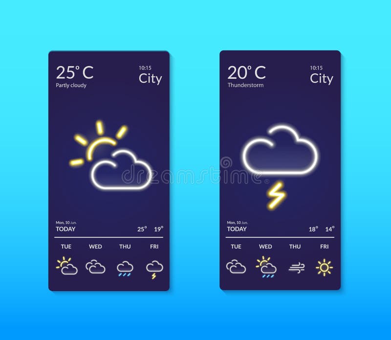 Smartphone Screens with Weather Forecast. Neon Effect Stock Vector ...