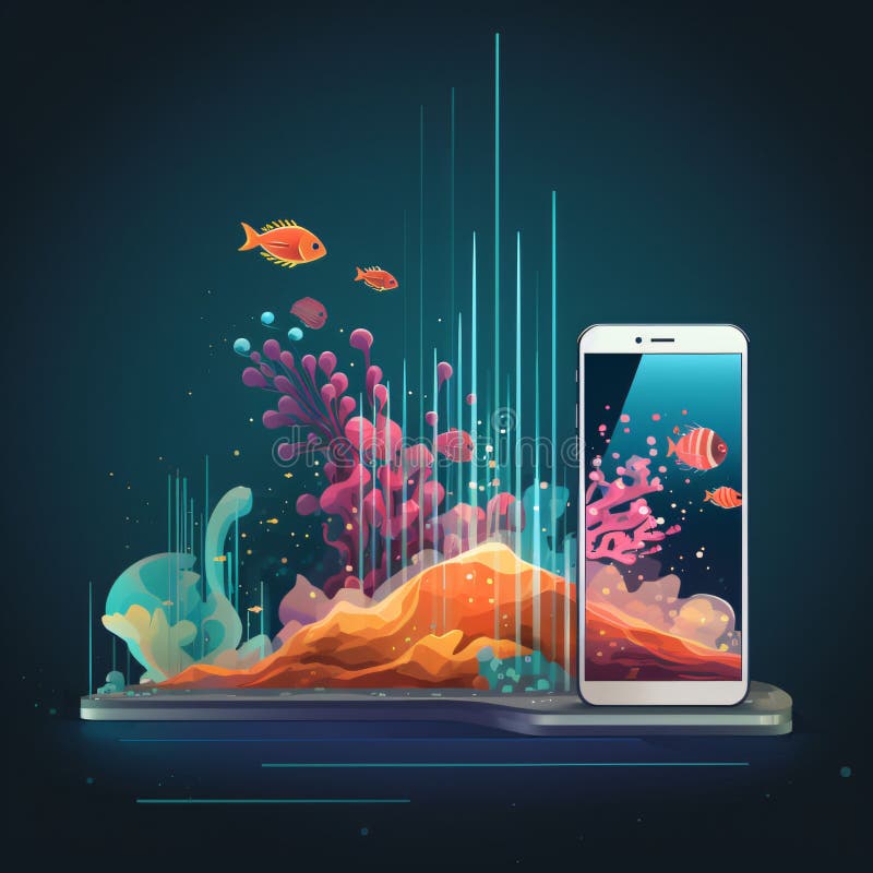 Smartphone with Sea and Coral Reefs on the Screen. Vector Illustration ...