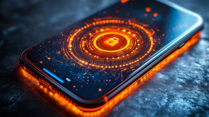 Smartphone Security: Glowing Orange Digital Lock Interface on Dark ...