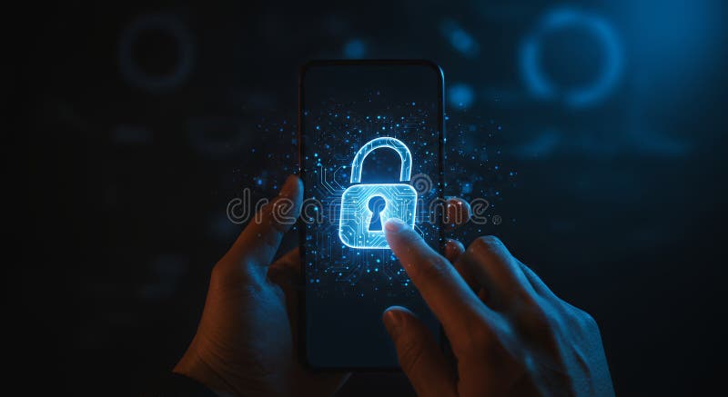 Smartphone Security - a Hand Interacts with a Glowing Lock Icon Stock Illustration ...
