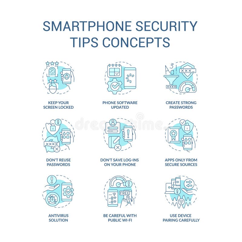 Smartphone Security Tips Turquoise Concept Icons Set Stock Vector ...