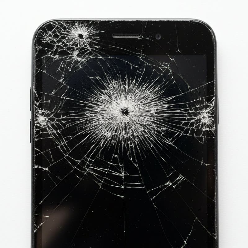 Smartphone with a Severely Cracked Screen Displaying Multiple Spiderweb ...