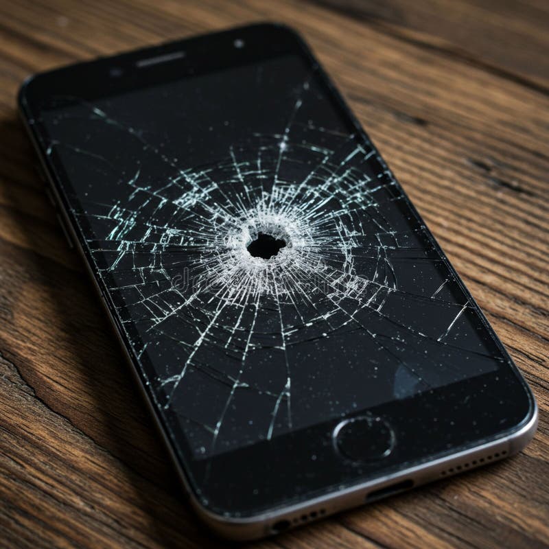 Smartphone with a Severely Cracked Screen Featuring a Central Impact ...