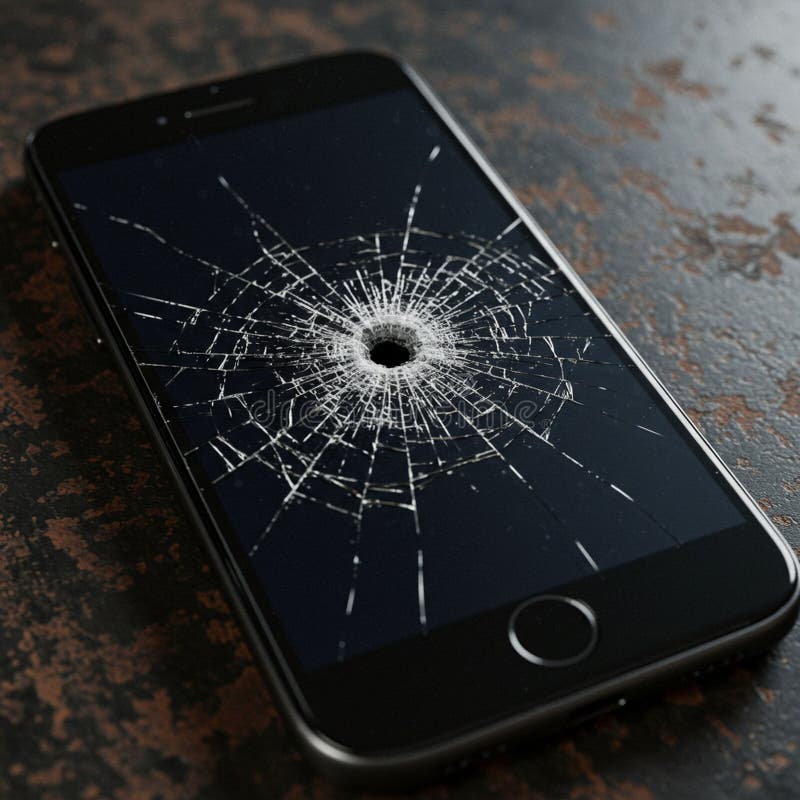 Smartphone with a Shattered Screen Featuring a Significant, Centralized ...