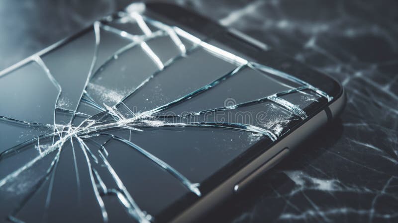 Smartphone with a Shattered Screen Lying on a Dark Marble Surface ...