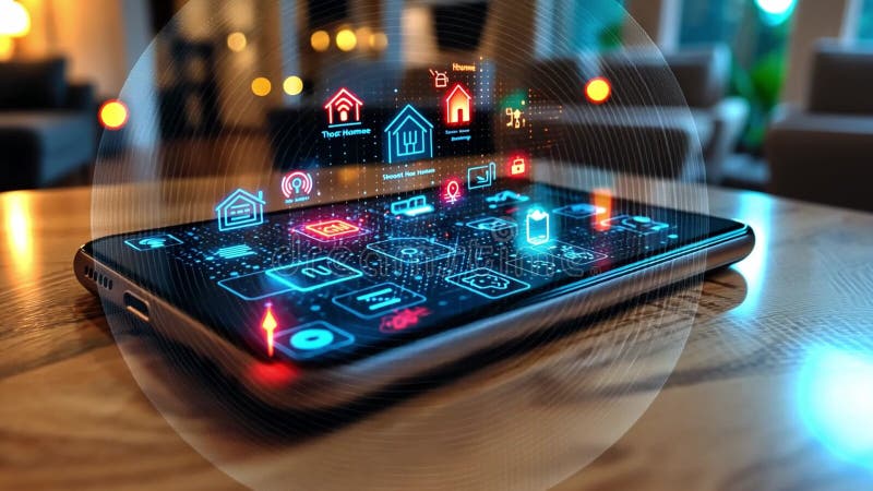 Smartphone Displaying Futuristic Smart Home Interface in Modern Living ...