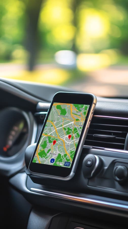 Smartphone Showing Gps Navigation App in Car Dashboard Stock Image ...