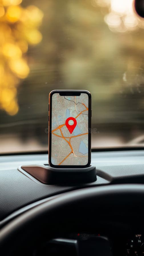 Smartphone Showing Map and Gps Location in Car Dashboard Stock Image ...