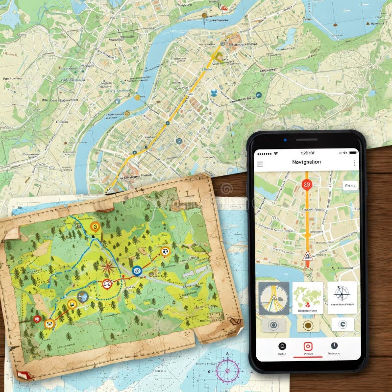 Smartphone Showing Navigation App Lying on Various Maps Displaying ...