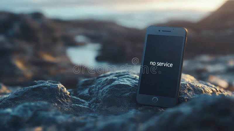 Smartphone Showing No Service Message Resting on Rocks by the Sea at ...
