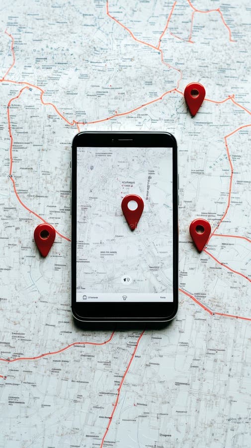 Smartphone Showing Online Map with Location Pins on Paper Map Stock ...